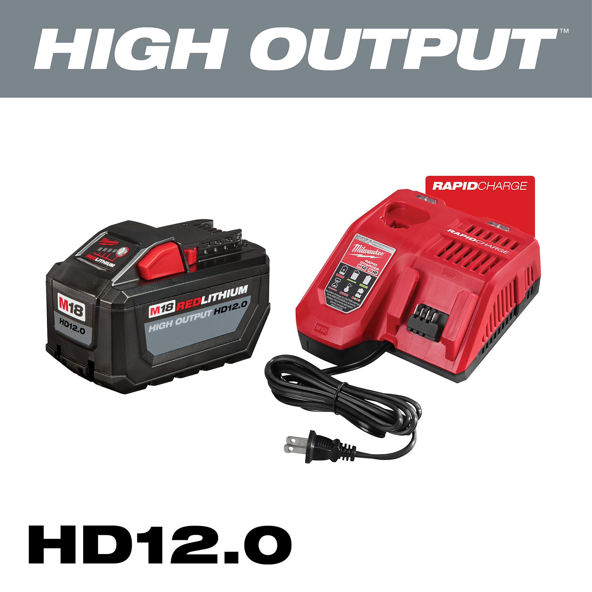 Milwaukee M18 REDLITHIUM HIGH OUTPUT HD12.0 Battery Pack and Multi-Voltage Charger, Model# 48-59 ...